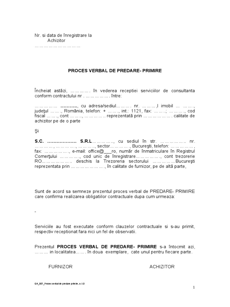 QA - 007 - Proces Verbal de Predare Primire | PDF