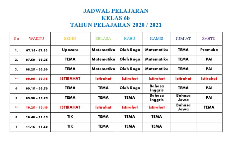 Jadwal Kelas 6 | PDF