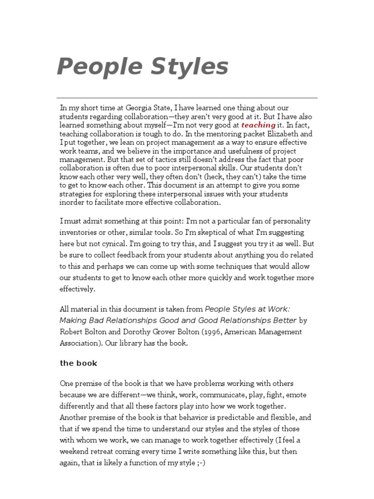 Understanding People Styles: A Framework for Facilitating Effective ...