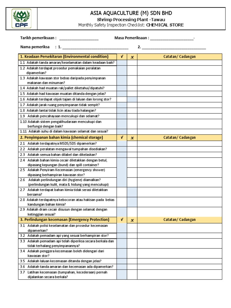 4.monthly Safety Checklist - CHEMICAL STORE | PDF