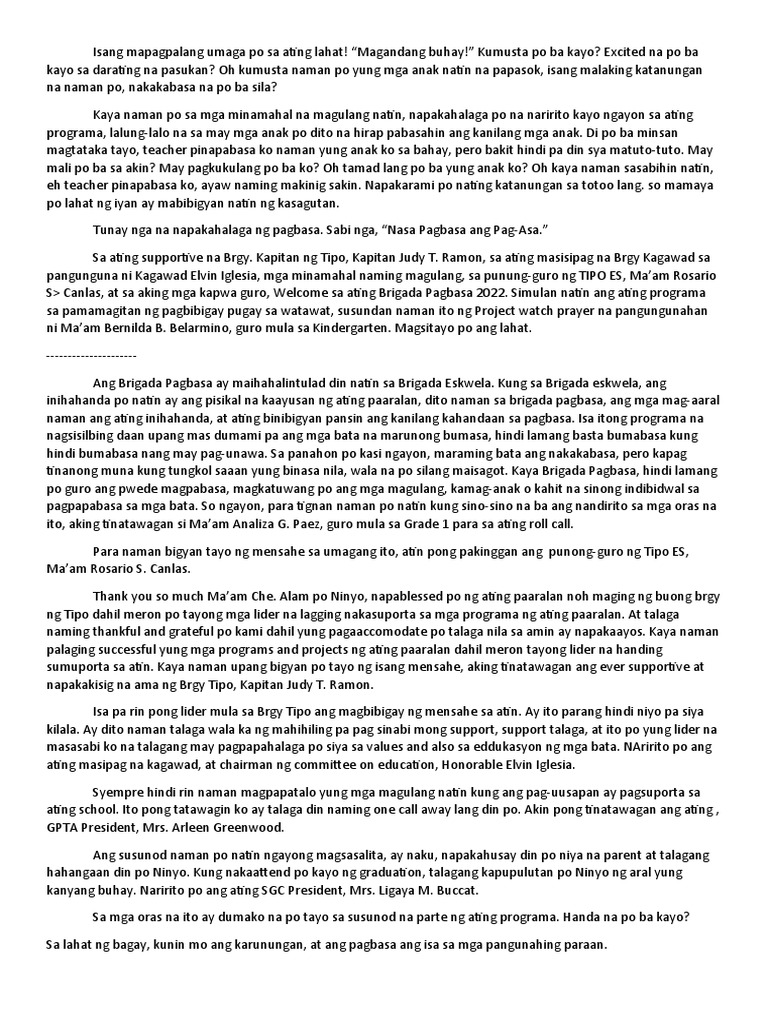 Script Brigada Pagbasa | PDF