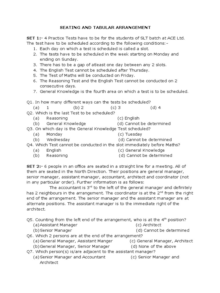 Seating and Tabular Arrangement Worksheet | PDF