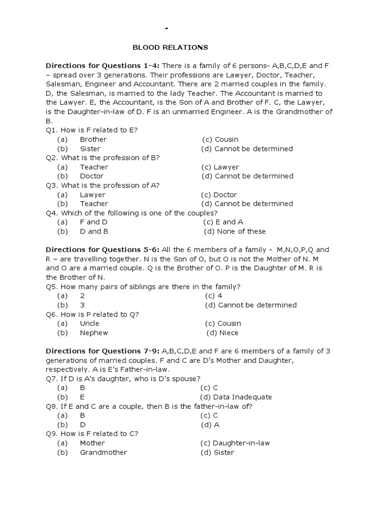Blood Relations: Family Tree Questions | PDF | Family | Behavioural ...