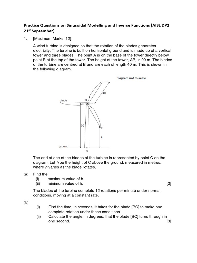 Practice Questions on Sinusoidal Modelling and Inverse Functions | PDF | Turbine | Function ...