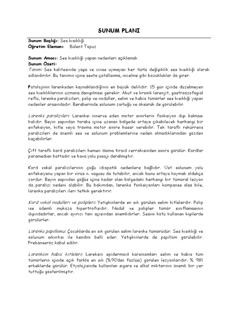 Sunum Plan Disfoni Prof DR B Topuz | PDF