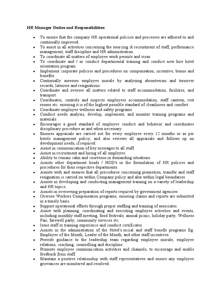 HR Manager Duties and Responsibilities | PDF | Employment | Performance ...