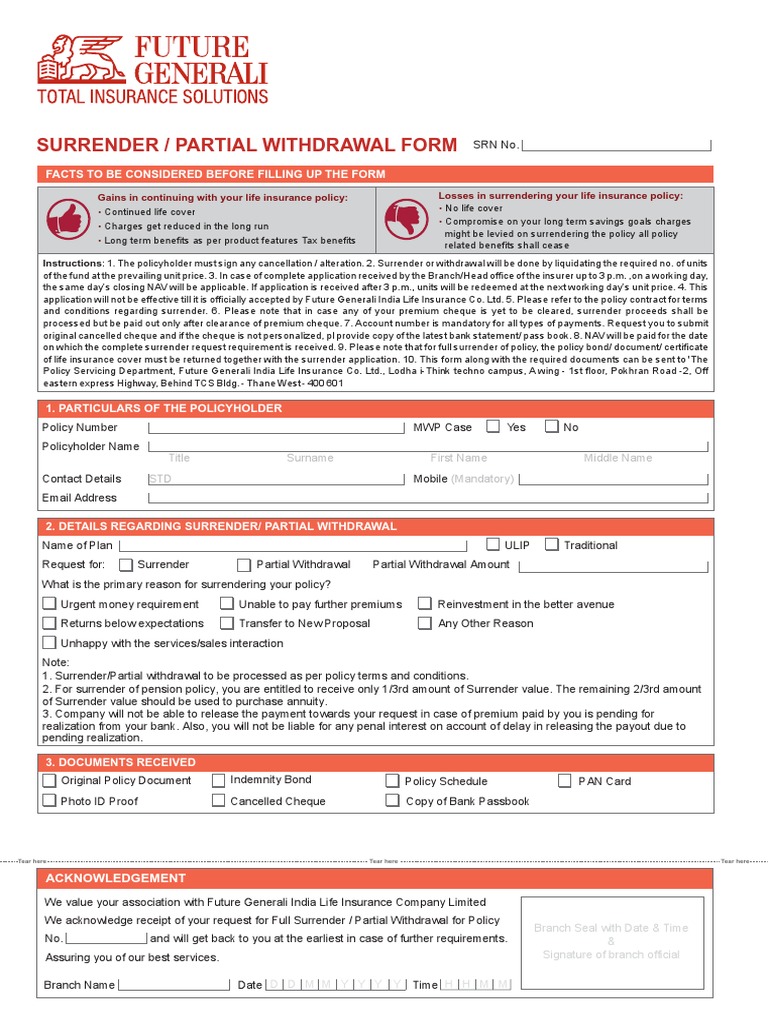 Surrender / Partial Withdrawal Form: Facts To Be Considered Before ...