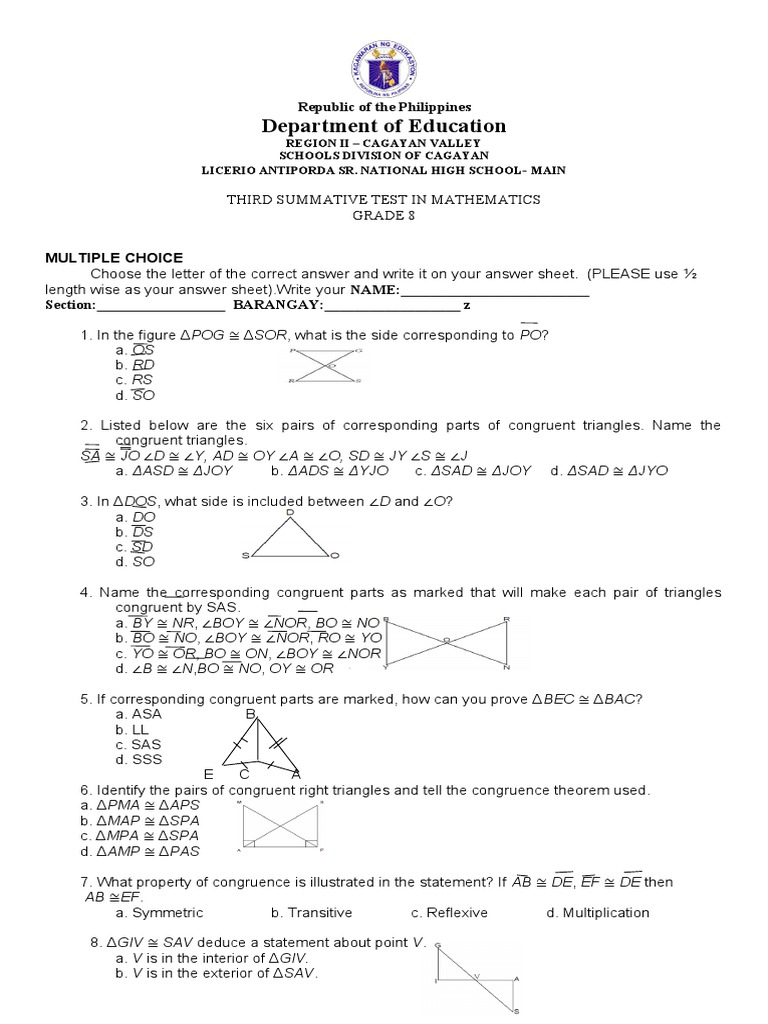 3RD SUMMATIVE TEST MATH 8 - S.Y 2020-2021 Newest | PDF | Geometric ...