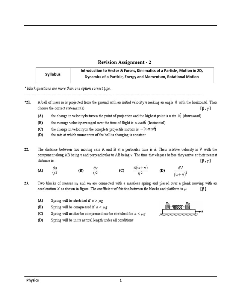 Revision Assignment (Adv Level) - 2 | PDF | Force | Velocity
