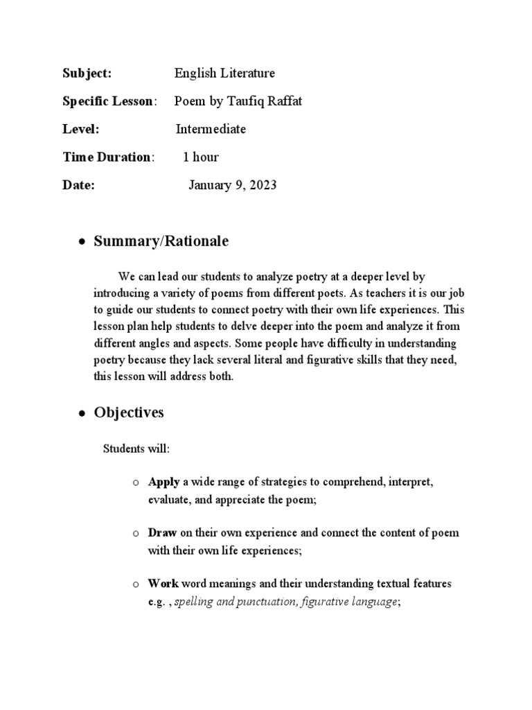 Lesson Plan | PDF | Lesson Plan | Poetry