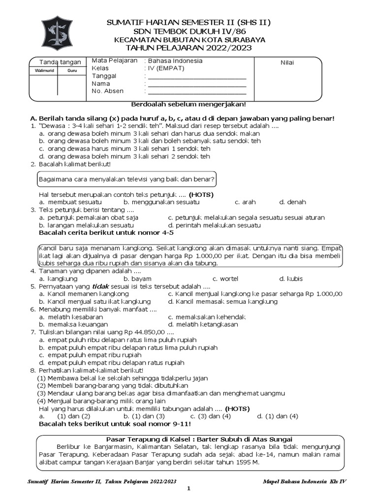 Soal Penilaian Sumatif Semester II Bahasa Indonesia Kelas 4 2022-2023 (BAB V) | PDF | Seni ...