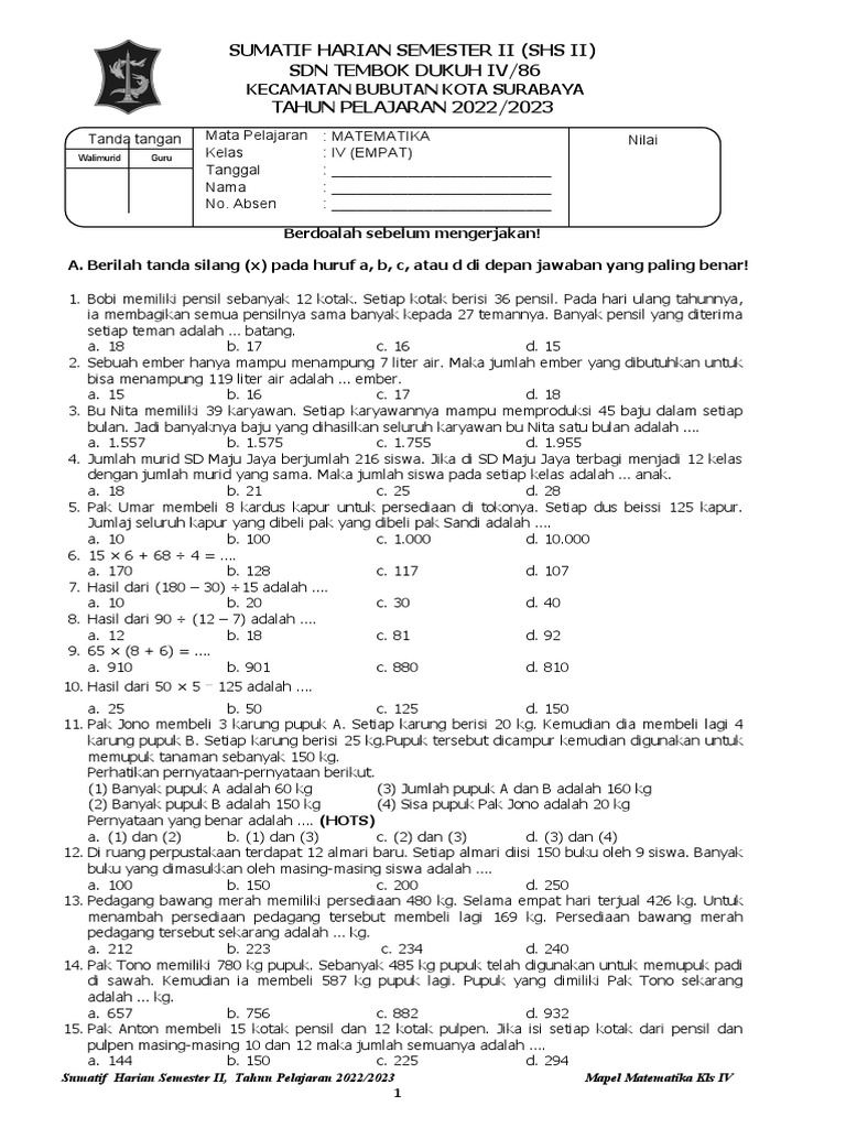 Soal Penilaian Sumatif Semester II Matematika Kelas 4 2022-2023 (BAB Bilangan Dan Perhitungan) | PDF