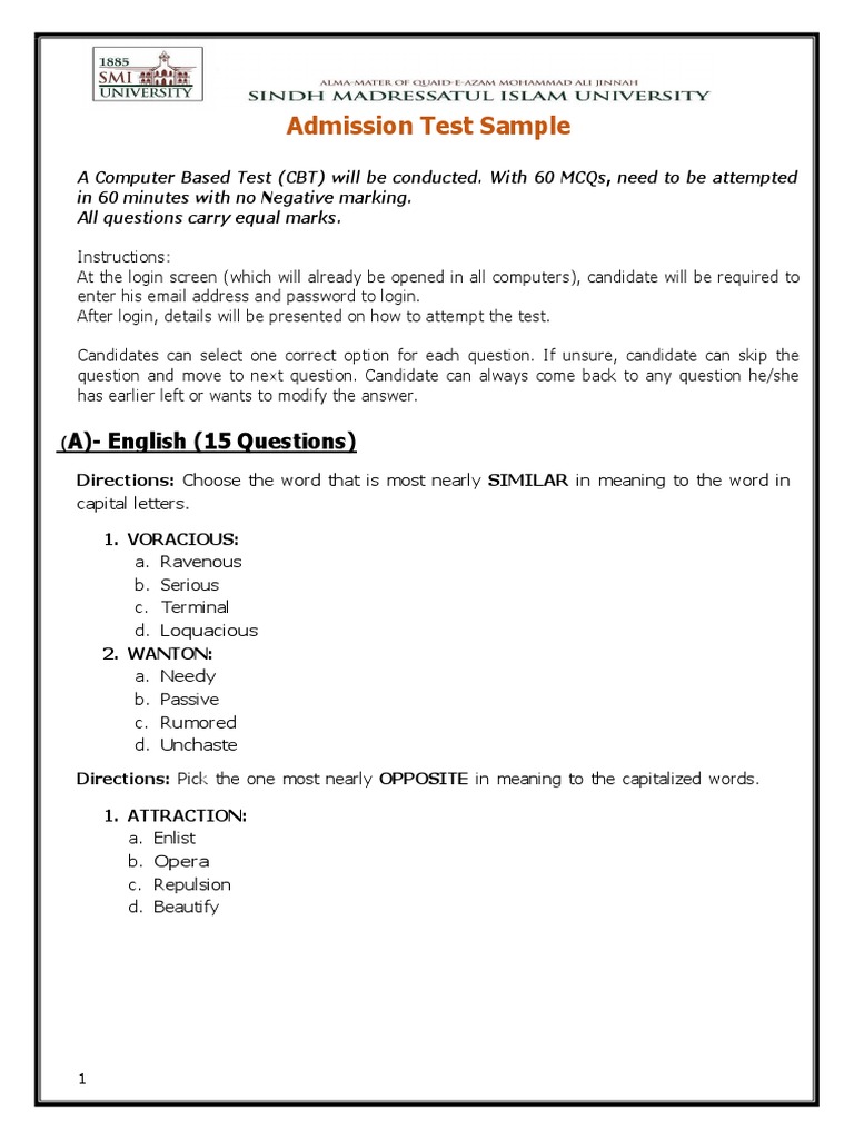 Sample Test Paper | PDF | English Language