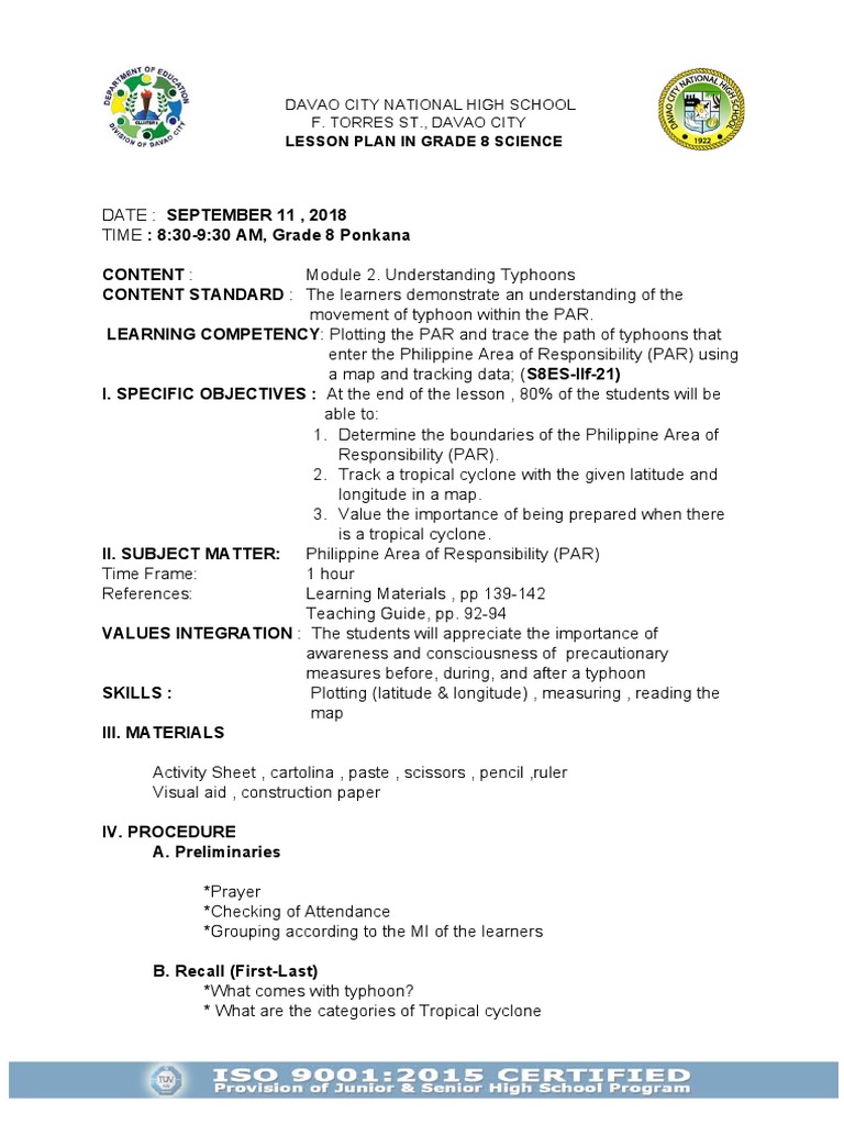 ACTUAL LESSON PLAN in DEPED | PDF | Tropical Cyclones | Lesson Plan