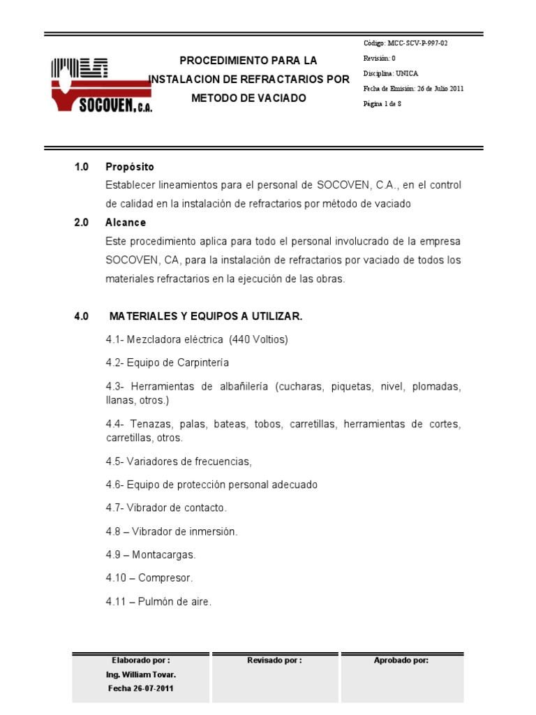 Instalación de Refractarios: Vaciado | PDF | Agua | Hormigón