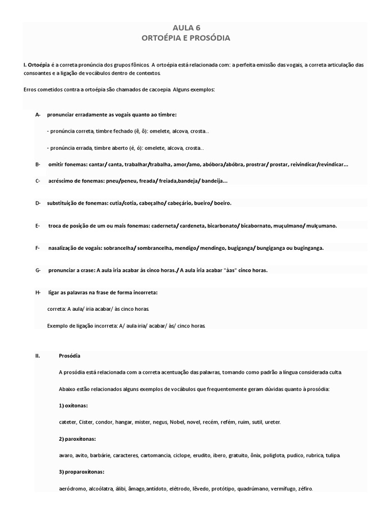 Aula 6 - Ortoépia Prosódia | PDF | Estresse (Linguística) | Fonema