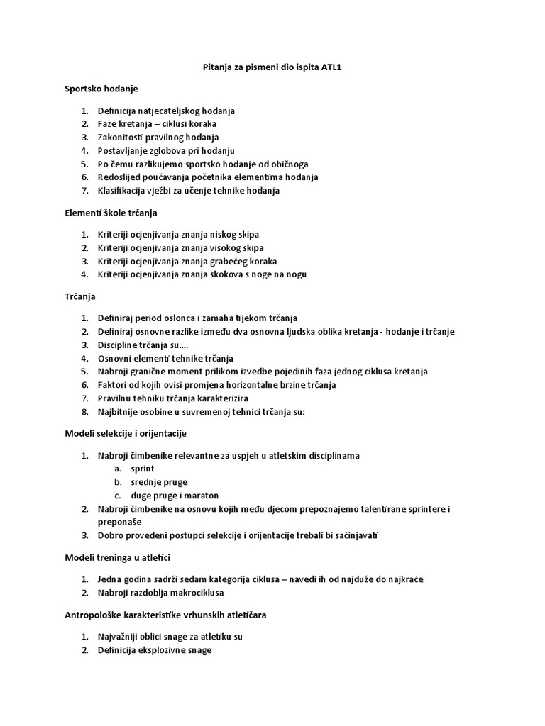 Pitanja Za Teorijski Ispit Iz ATLETIKE 1 | PDF