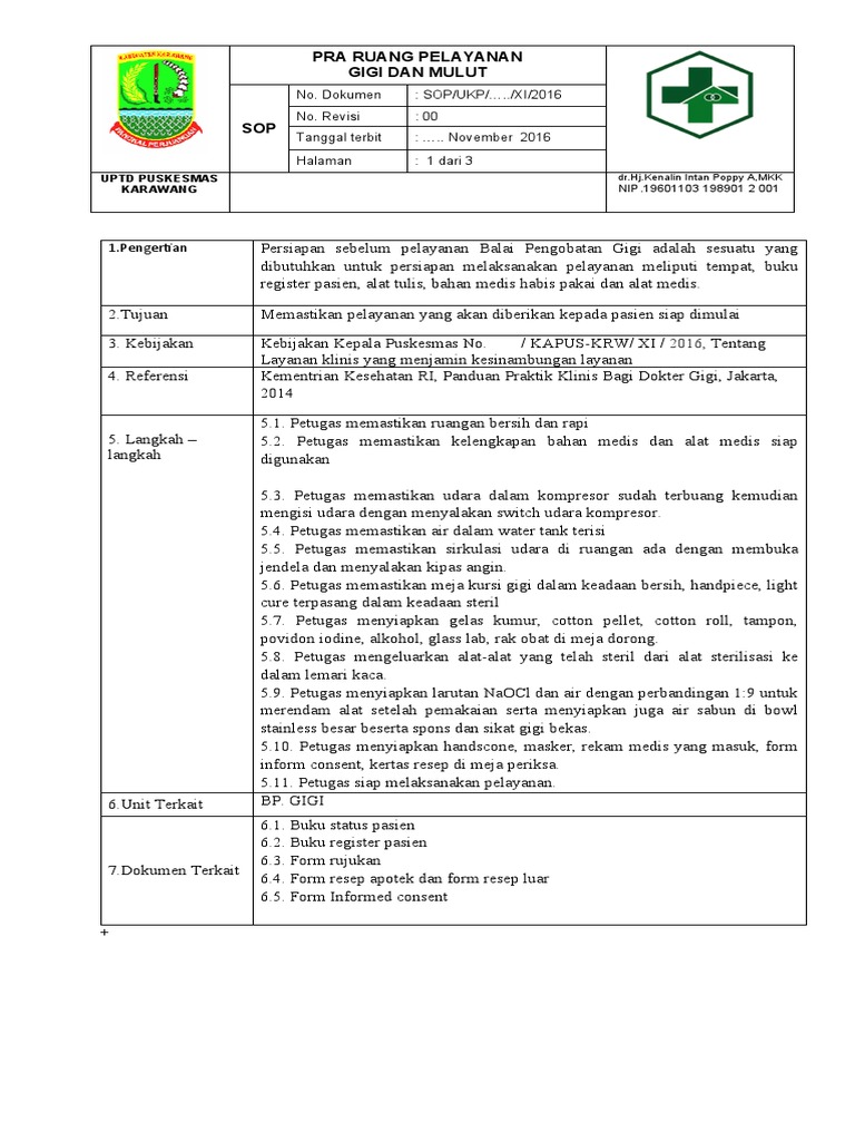1.SOP Pra Pelayanan Unit Gigi | PDF