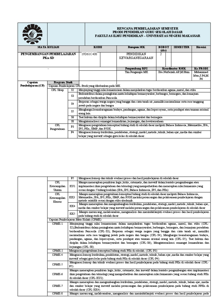 RPS Pengembangan Pembelajaran PKN SD | PDF