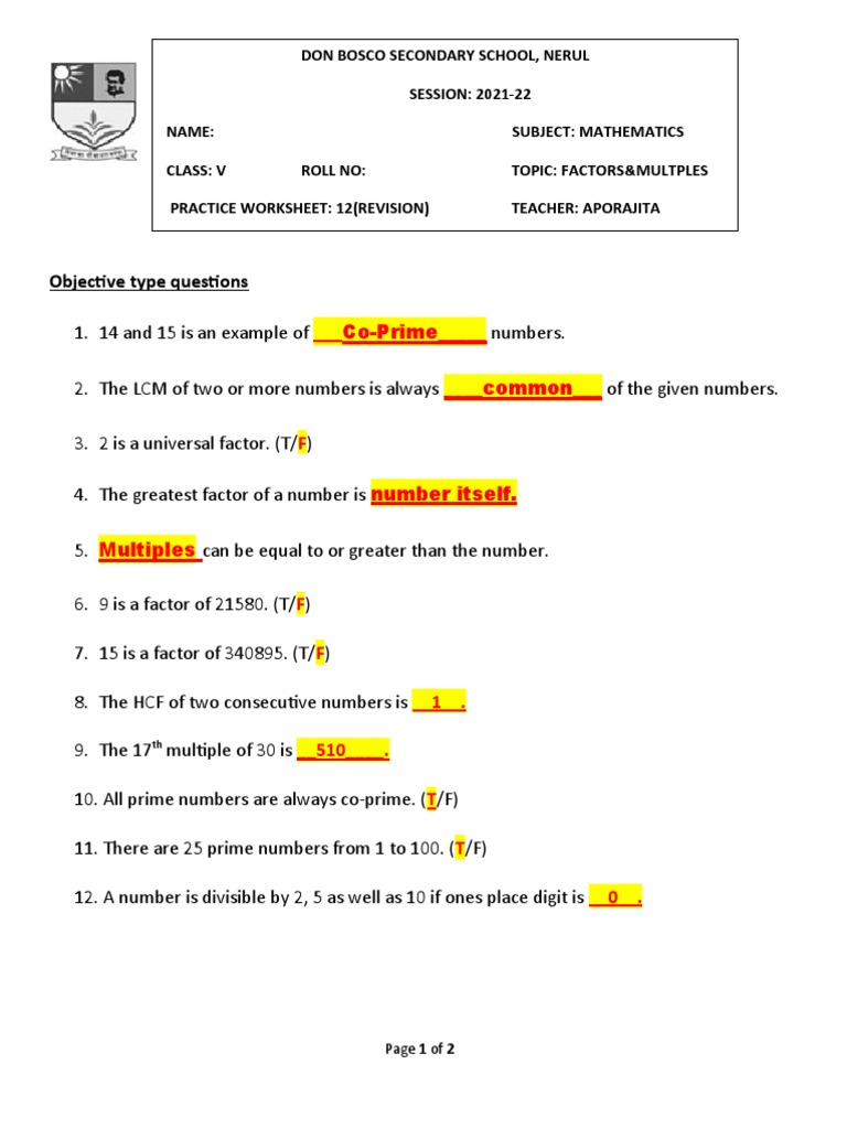 Don Bosco Secondary School Math Practice Worksheet on Factors and ...