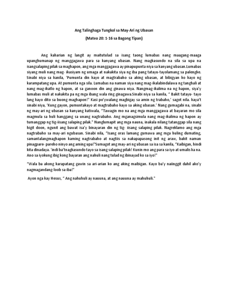Ang Talinghaga Tungkol Sa May-Ari NG Ubasan | PDF Ang Talinghaga Tungkol Sa May-Ari NG Ubasan | PDF
