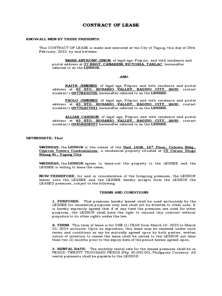 Contract of Lease - Cypress Towers Condominium | PDF | Lease ...