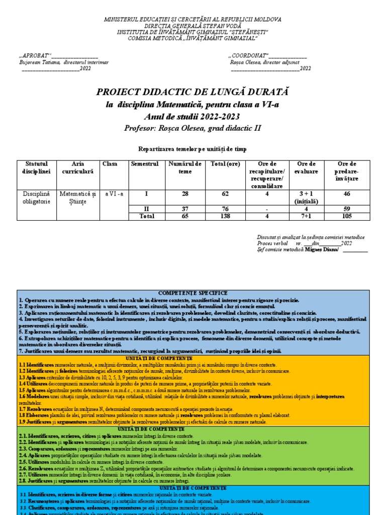 Proiect de Lungă Durată MATEMATICA Clasa A VI-a PDF | PDF