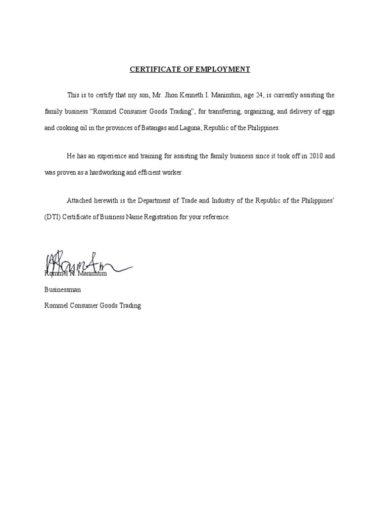 Certificate of Employment - Rommel Consumer Goods Trading | PDF