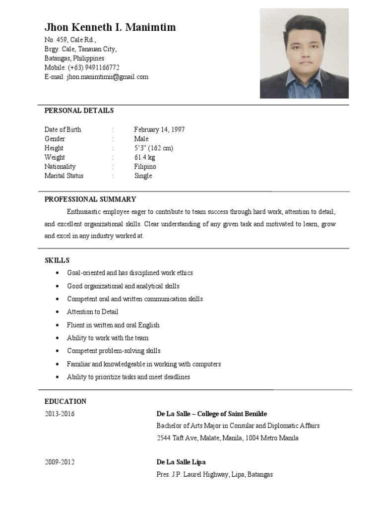 Jhon Kenneth I. Manimtim's Resume for Various Administrative Roles in Consular Offices | PDF ...