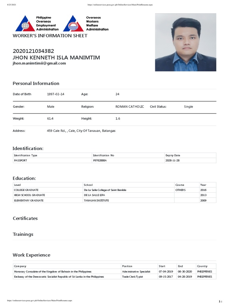 E-Registration POEA Resume - Jhon Kenneth Manimtim | PDF