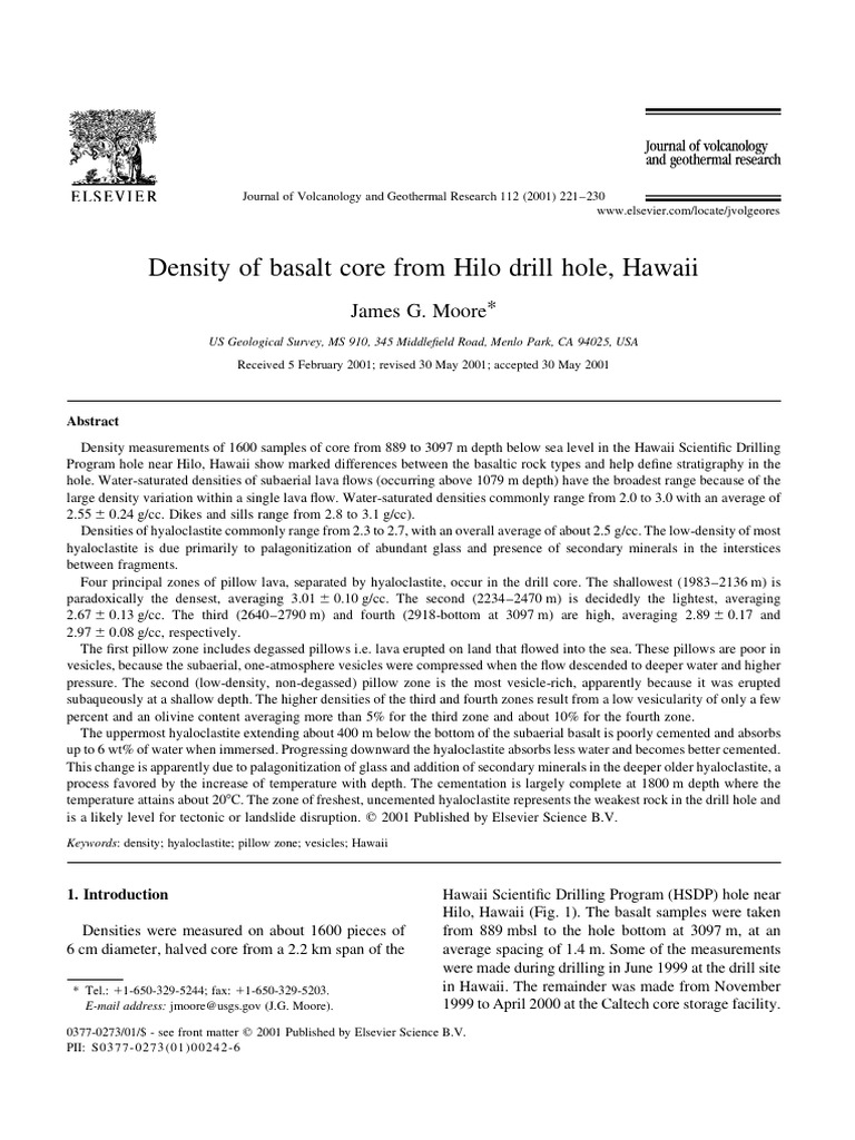 Moore 2001 Density of Basalt Core From Hilo Drill Hole, Hawaii | PDF ...