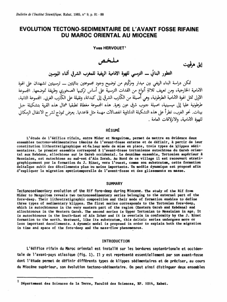 Hervouet 1985 Evolution Tectono-Sedimentaire de L'avant Fosse Rifaine Du Maroc Oriental Au ...