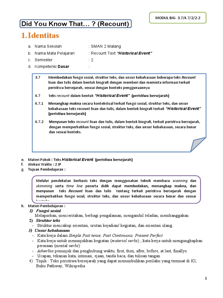 Mengidentifikasi Fungsi Sosial, Unsur Kebahasaan, dan Struktur Teks Pada Teks Historical Event | PDF