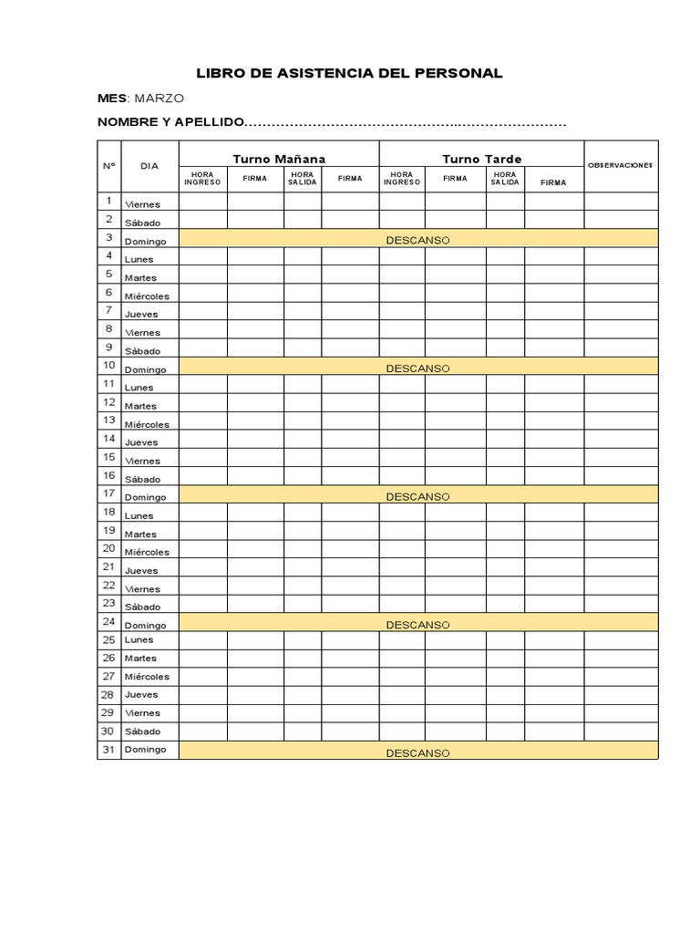 Libro de Asistencia Del Personal | PDF