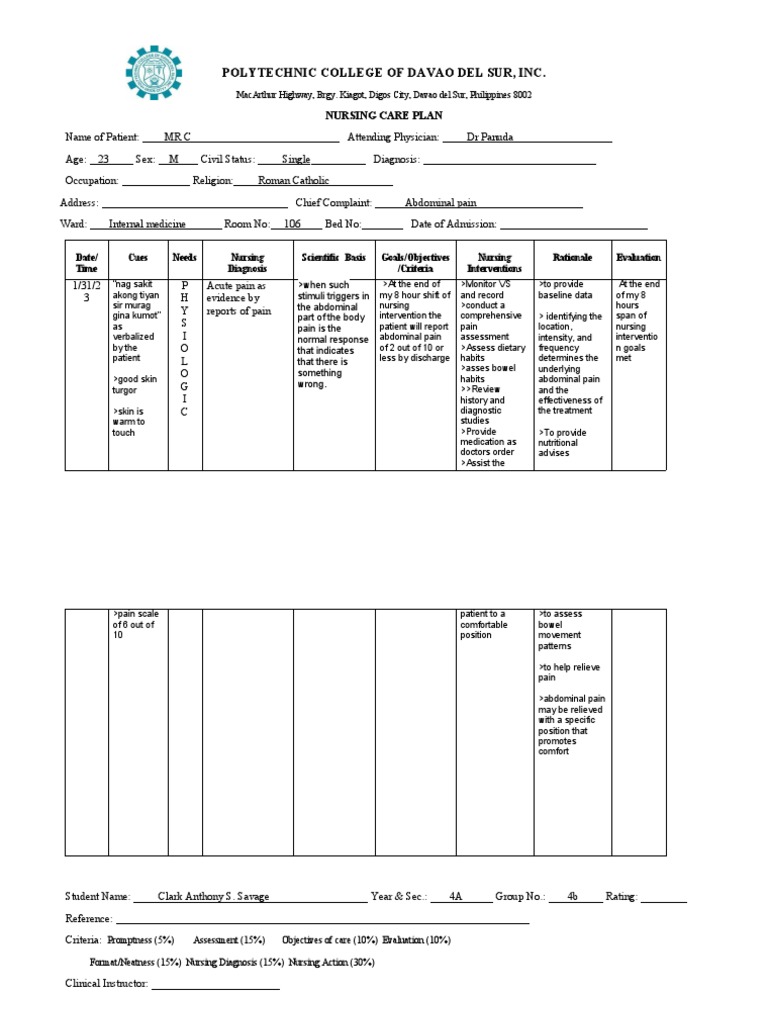 Acute Pain (Abdominal) | PDF | Pain | Nursing