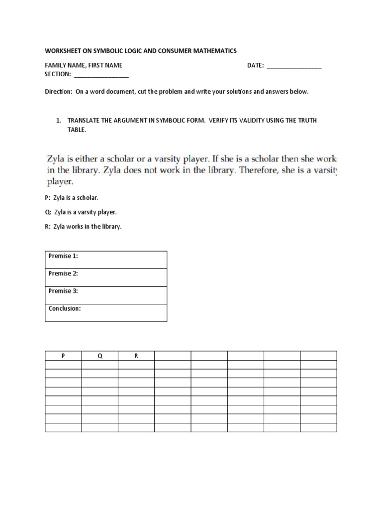 Worksheet On Symbolic Logic and Consumer Mathematics | PDF