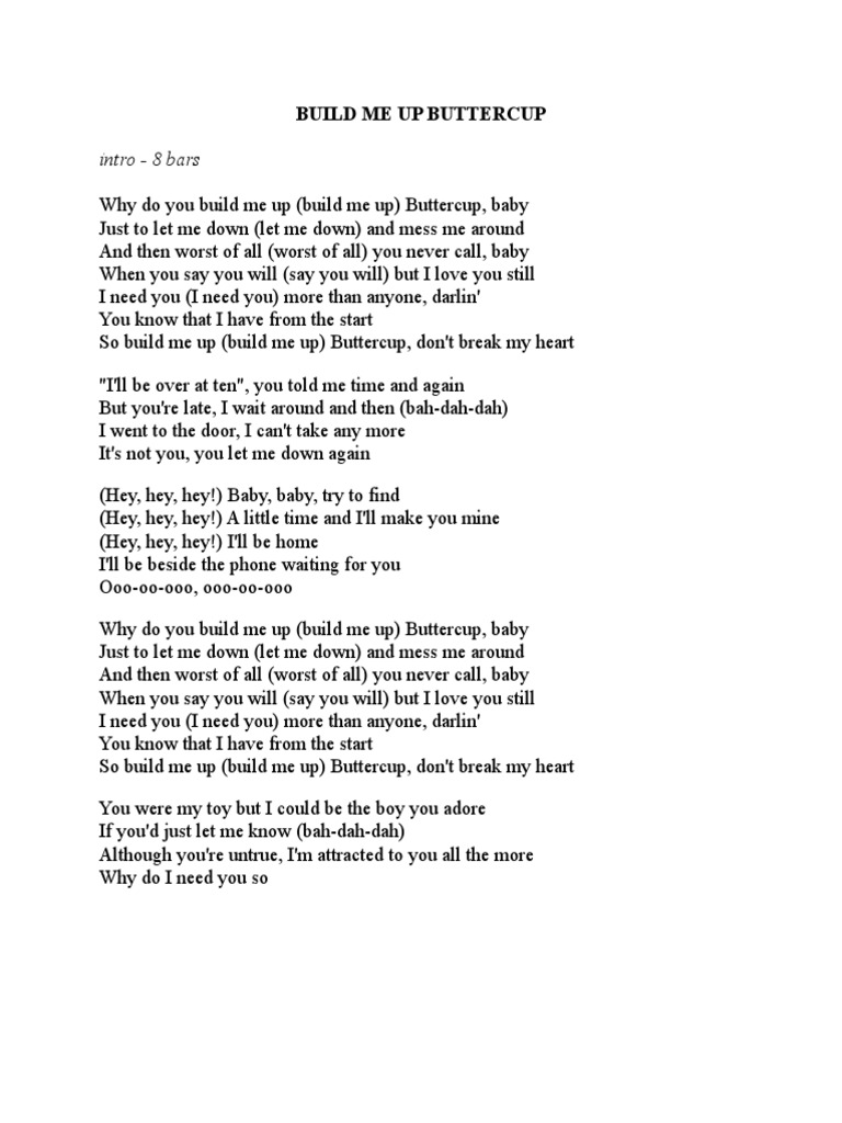 Build Me Up Buttercup Lyrics | PDF | Self-Improvement
