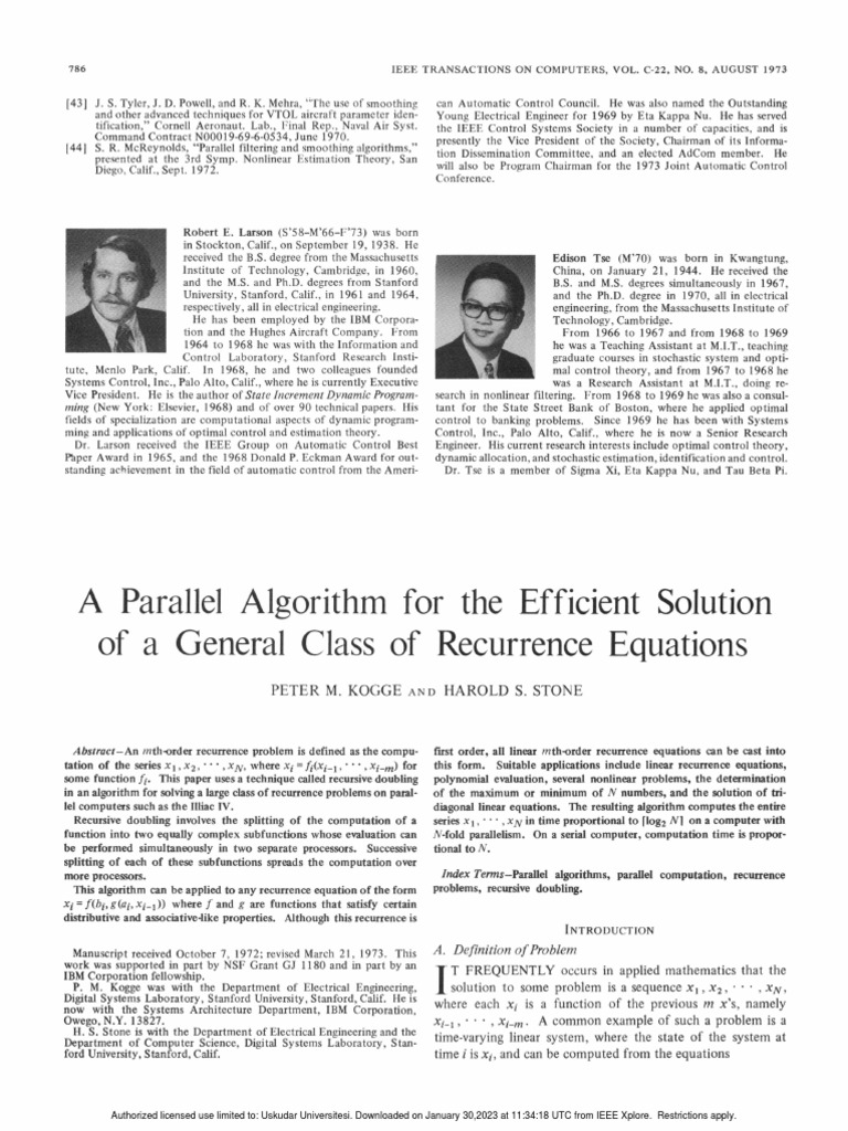 1973 A Parallel Algorithm For The Efficient Solution of A General Class of Recurrence Equations ...
