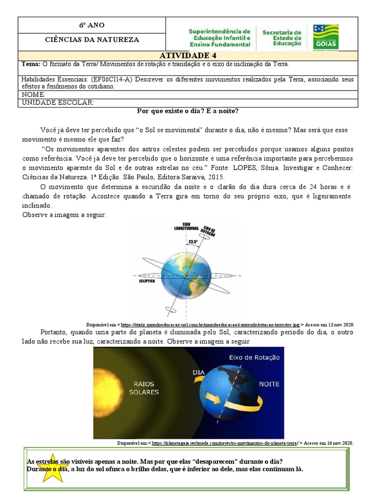 6o CIE Atividade 4 Movimentos de Rotacao e Translacao e o Eixo de ...