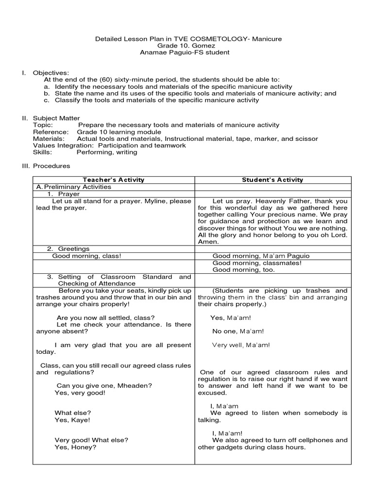 Paguio, Anamae Lesson Plan | PDF | Nail (Anatomy) | Foot