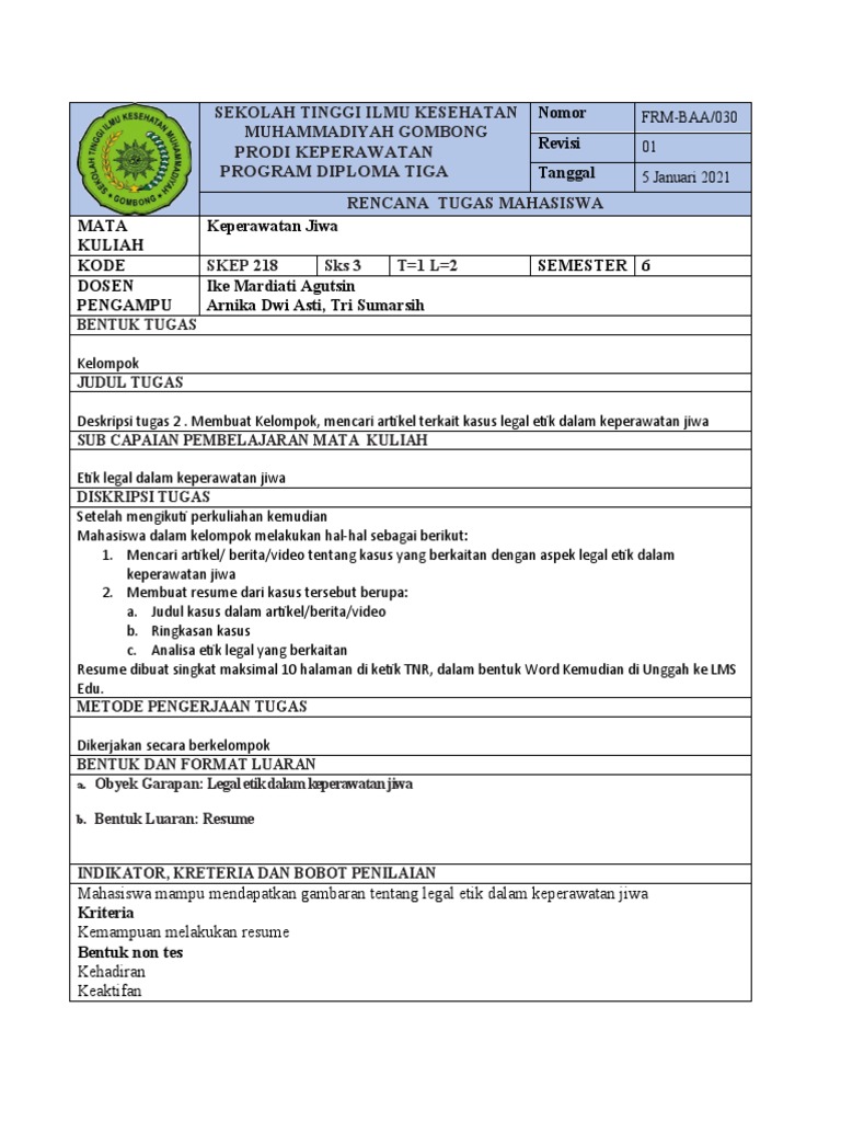 Deskripsi Tugas Etik Legal Kep Jiwa | PDF