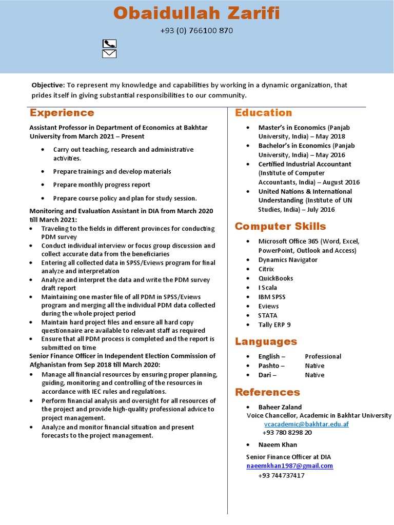 Obaidullah Zarifi CV M&E | PDF | Spss | Computing