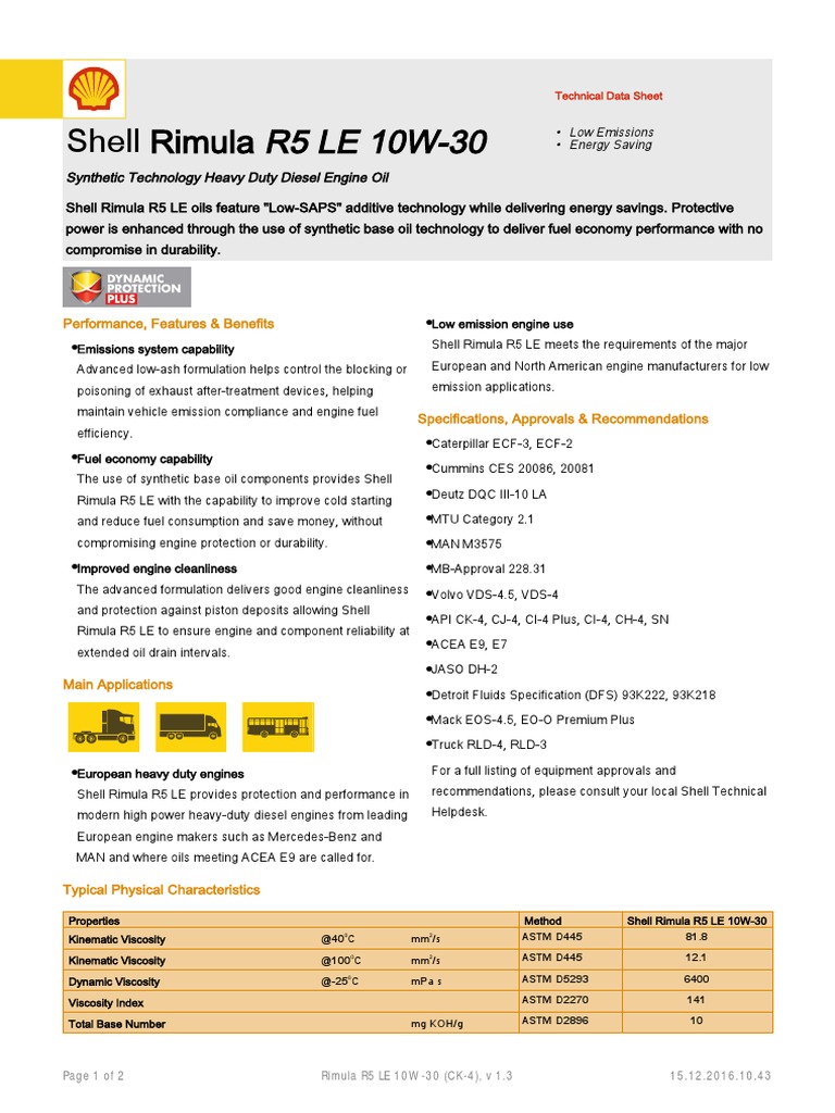 Shell Rimula R5 LE 10W30 TDS | PDF | Motor Oil | Physical Sciences