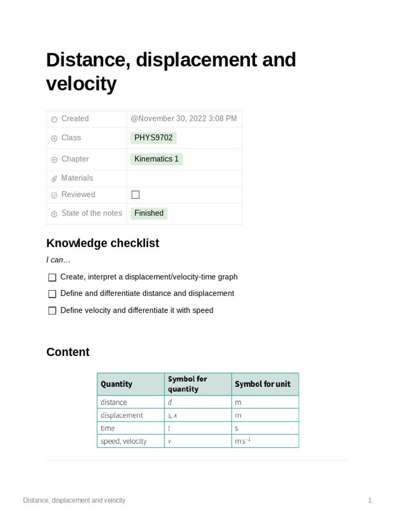 Distance Displacement and Velocity | PDF | Velocity | Distance
