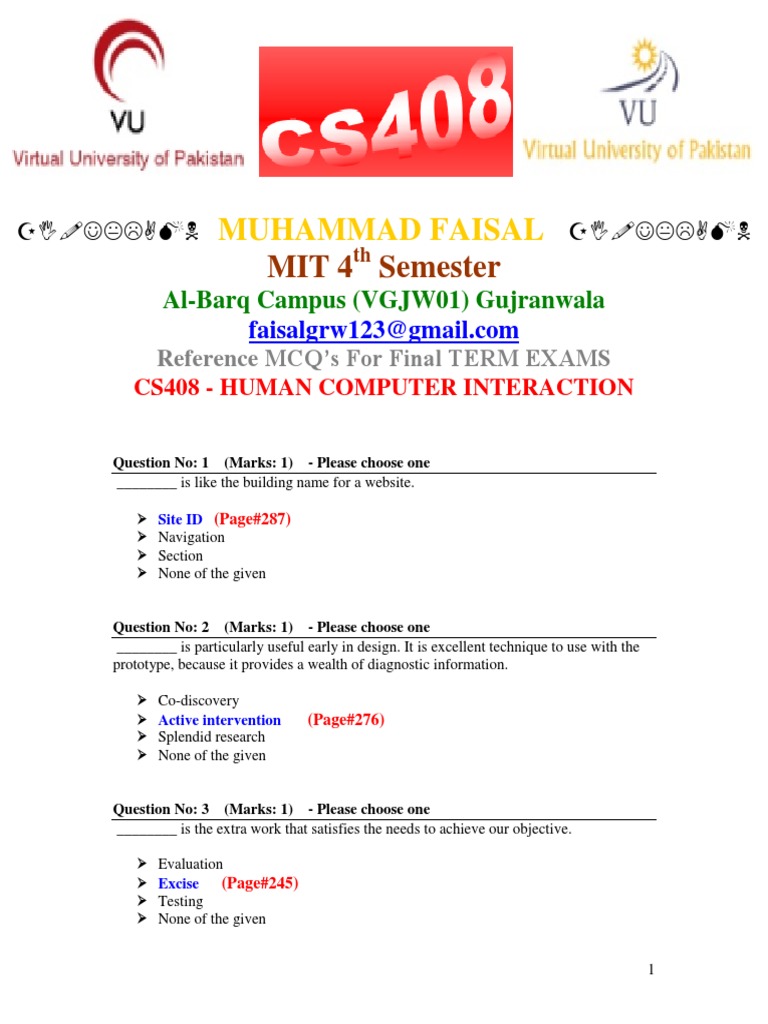 CS408 FinalTerm MCQs02 | PDF | Usability | Color