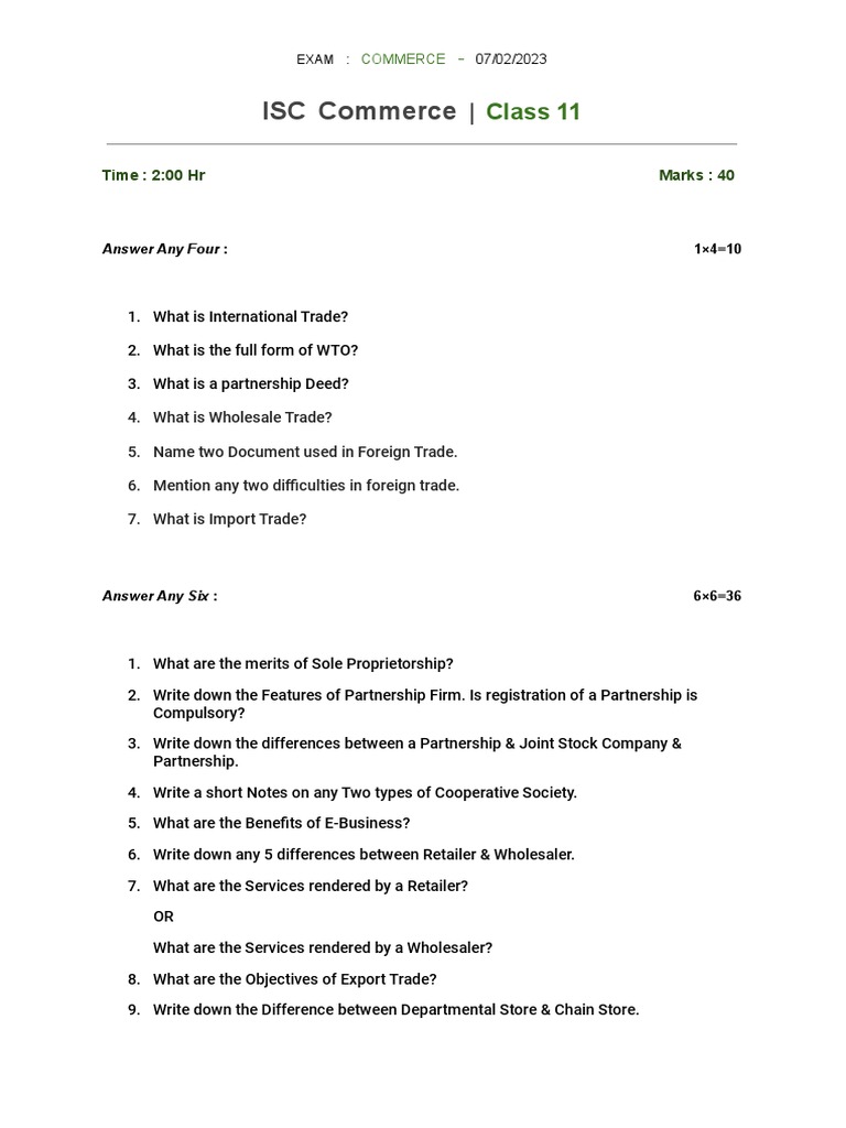 ISC Commerce - Class 11 | PDF | Business