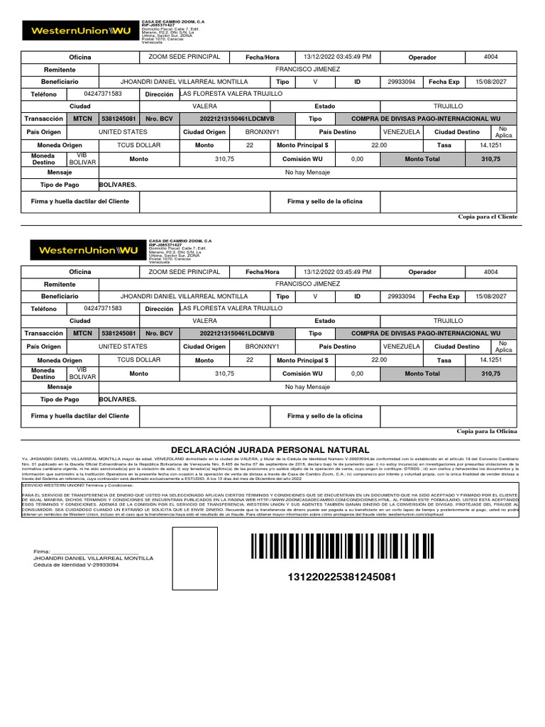 recibos_WU_13122022_20221213150461LDCMVB | PDF | Western Union | Red ...