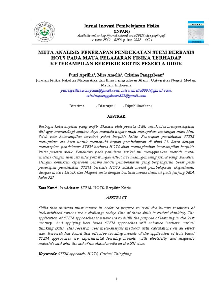 Jurnal Meta Analisis Penerapan Pendekatan STEM Berbasis HOTS Pada Mata Pelajaran Fisika Terhadap ...