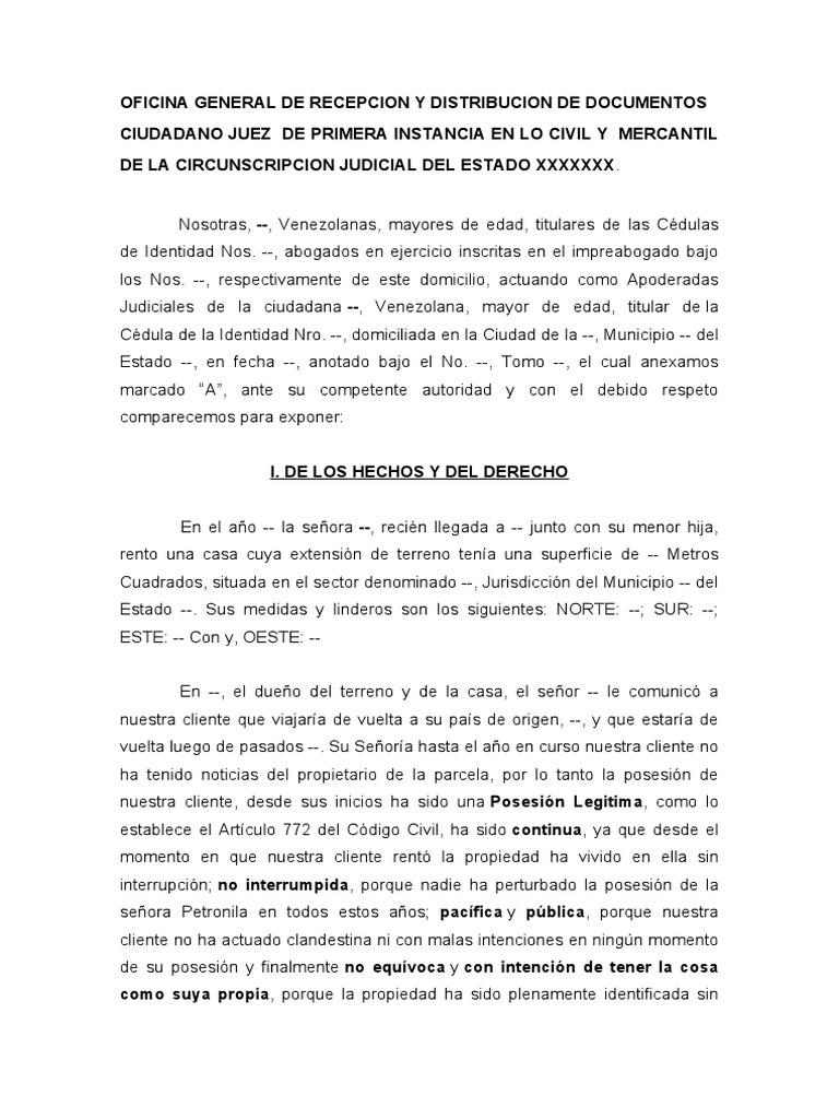 Modelo Prescripción Adquisitiva Usucapión Pdf Estatuto De