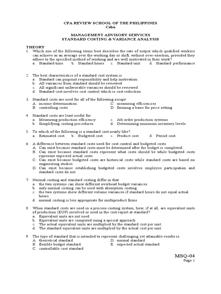 MSQ-01 - Standard Costs and Variance Analysis | PDF | Cost | Cost Of ...